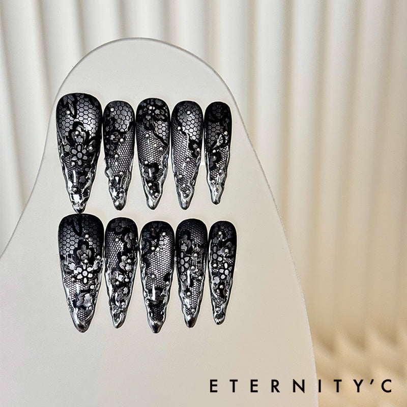 ETERNITY'C Handmade Custom Black Lace Liquid Metal Pressed On Wearable ...